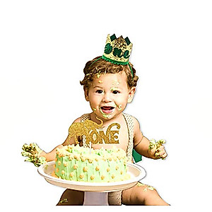 Ullovit First 1st Birthday Crown for Baby Boys Prince, Sparkle Gold Green Wild One Birthday Hat Headband Cake Smash Photo Decoration by Moonlightgo