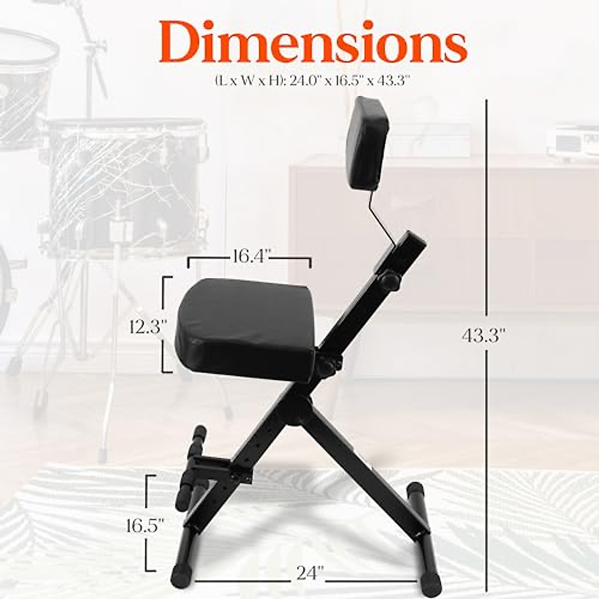 PYLE Drum Throne - Guitar Stool, Foldable & Portable Chair w/ Backrest & Footrest, Adjustable Music Stool for Adults, Padded Cushioned Seat & Back