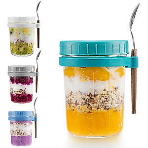 NFFTYUUT 4 Pack Overnight Oats Containers with Lids and Spoons, 12 oz Glass Mason Overnight Oats Jars for Milk, Cereal, Fruit