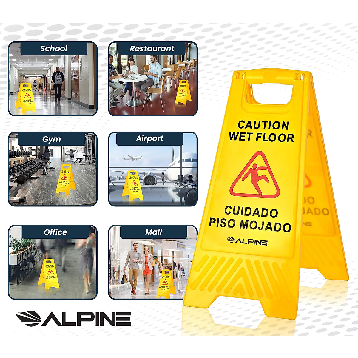 Alpine Wet Floor Signs 3 Pack - 24 Inch Caution Wet Floor Sign, High Visibility Yellow Slippery When Wet Sign - Bilingual Safety Warning Sign to Easily Avoid Slippery Accidents in High Traffic Areas