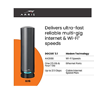 ARRIS Surfboard G36 DOCSIS 3.1 Multi-Gigabit Cable Modem & AX3000 Wi-Fi Router , Comcast Xfinity, Cox, Spectrum, Four 2.5 Gbps Ports , 1.2 Gbps Max Internet Speeds , 4 OFDM Channels