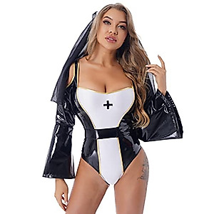 Doomiva Women's Halloween Nun Role Play Fancy Dress Costume Latex Leather Sexy Lingeries Outfits 2# Black Small