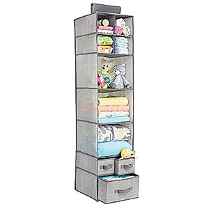 mDesign Soft Fabric Over Closet Rod Hanging Storage Organizer with 7 Shelves and 3 Removable Drawers for Child/Kids Room or Nursery - Textured Print - 2 Pack - Gray