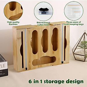 IEMIEBSHA Zip Lock Bag Organizer, 6 in 1 Foil and Plastic Wrap Dispenser with Cutter, Baggie Organizer for Kitchen Drawer, Bamboo Storage Bag Organizer for Gallon Quart Sandwich Snack Bags