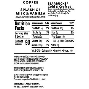 Starbucks Cold & Crafted Coffee, Splash of Milk + Vanilla, 11oz Bottles, (12 Pack)