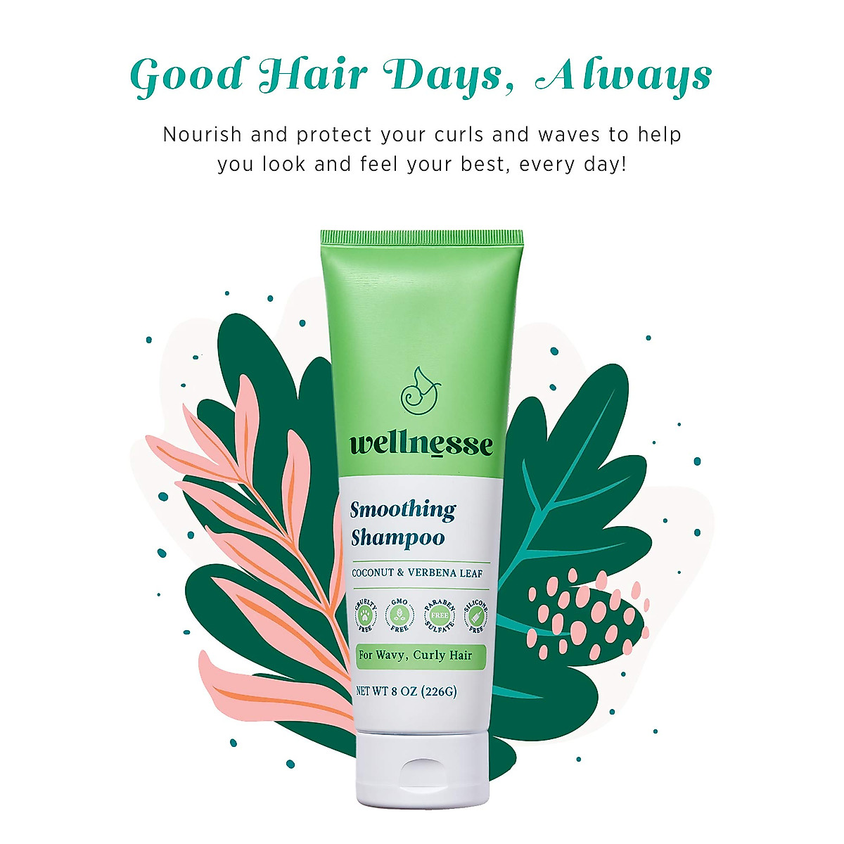Wellnesse: Smoothing Shampoo - For Wavy, Curly Hair - 8 oz - Coconut and Verbena Leaf - Moisturizing, Curl Active Formula - Cruelty-Free, Non-GMO, No Parabens, Sulfates, Silicone