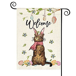 AVOIN colorlife Easter Welcome Cat Garden Flag 12 x 18 Inch Double Sided, Easter Egg Spring Rustic Holiday Yard Outdoor Decoration