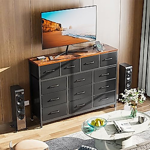 ODK Long Dresser with 3 Outlets and 2 USB Charging Ports, 57'' Wide TV Stand with 13 Large Drawers, Chest of Drawers Easy-Pull Fabric Dresser for Bedroom, Living Room, Hallway, Black and Vintage