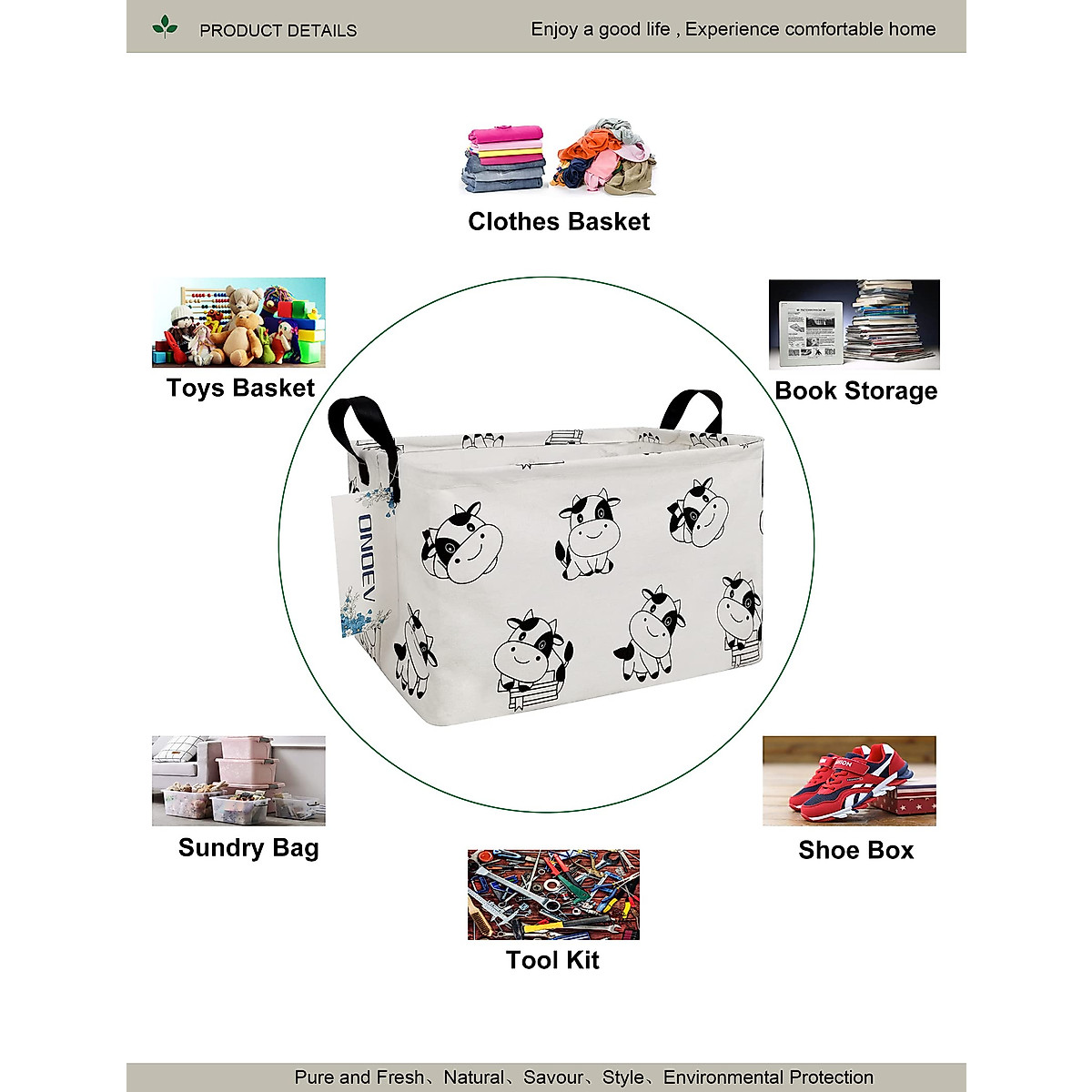 ONOEV Rectangular Folding Laundry Basket,Canvas Basket,Nersury Hamper,Suitable for Children,Office,Bedroom,Clothes,Toys Storage (REC Cow), 14.9’’L ×10.2’’W×9.05’’H inches