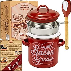 Bacon Grease Container with Strainer - 46OZ Large Capacity, With Silicone Wooden Spatula, Enamel Bacon Grease Keeper for Bacon Drippings, Farmhouse Red Kitchen Decor and Accessories, Dishwasher Safe