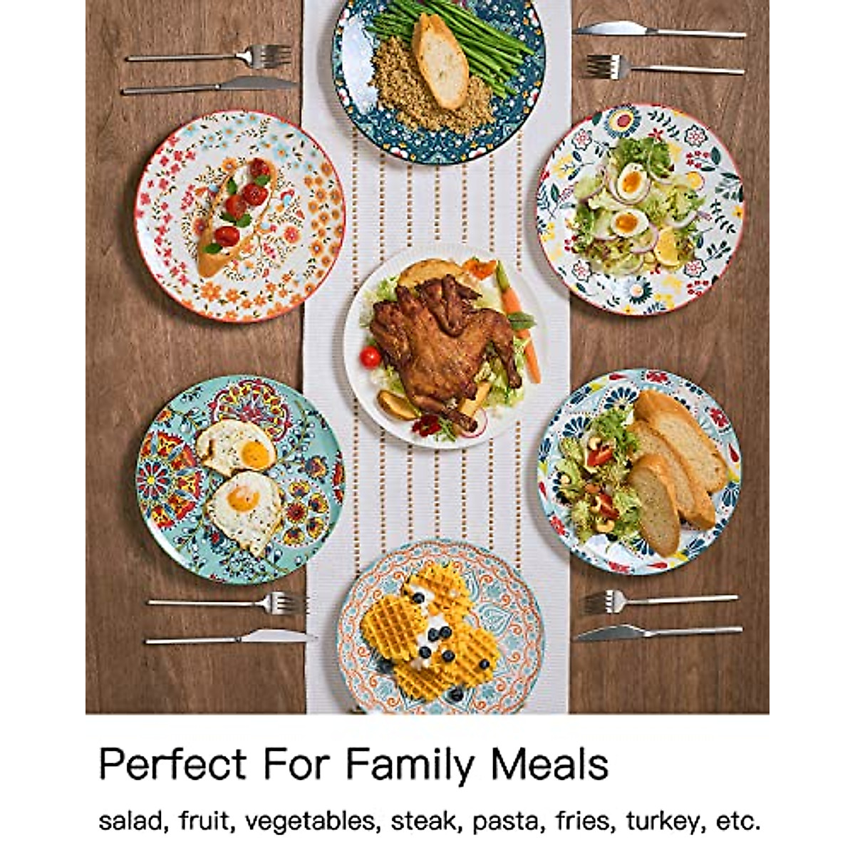 getstar 10.5” Ceramic Dinner Plates with Underglaze Assorted Patterns, Set of 6, Microwave & Dishwasher Safe, Colorful Porcelain Salad Pasta Dinner Plates Set of 6