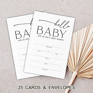 Baby Shower Invitations, Minimalist Hello Baby Gender Reveal Invitation Cards With Envelopes(25 Pack), Modern Black and White Theme Baby Shower Decorations And Supplies For Boys or Girls(YQK-A10)