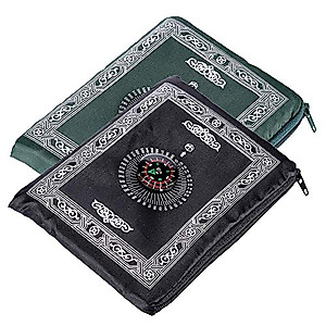Hitopin 2 Pieces 60cm*100cm Travel Prayer Mat with Compass, Portable Polyester Prayer Rug, Islamic Waterproof Prayer Mat, for Ramadan Gifts, Islamic Prayer (Green, Black)