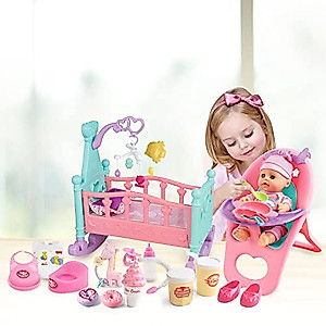 deAO 12” Baby Doll Play Set with Crib, Mobile, High Chair Feeding Accessories, Interactive Dolls for Girls Kids Pretend Play Baby Dolls 21 PCS