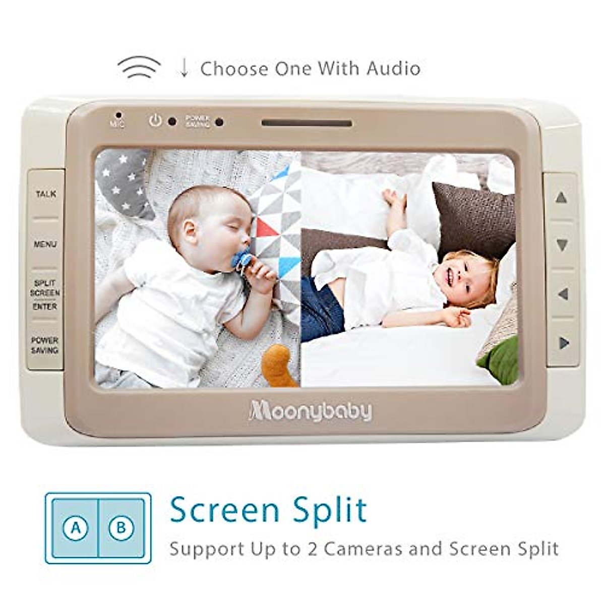 Moonybaby WideView 50 Baby Monitor with Camera and Audio, No WiFi, 5 Inches Large Display, Split Screen, Auto Night Vision, Zoom, Sound Activated, Temperature Alert, 2-Way Talk, Lullaby, 1000ft Range