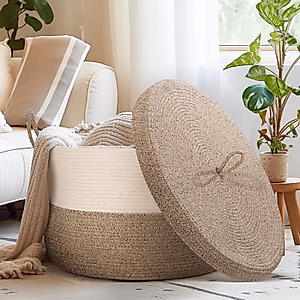 noonkty Blanket Basket, 21.7"X21.7"X13.8" Cotton Rope Basket, XXL Large Basket with Handle, Blanket Basket Living Room, Stuffed Toy Basket, Laundry Basket, Storage for Towels Pillow, Brown (with Lid)