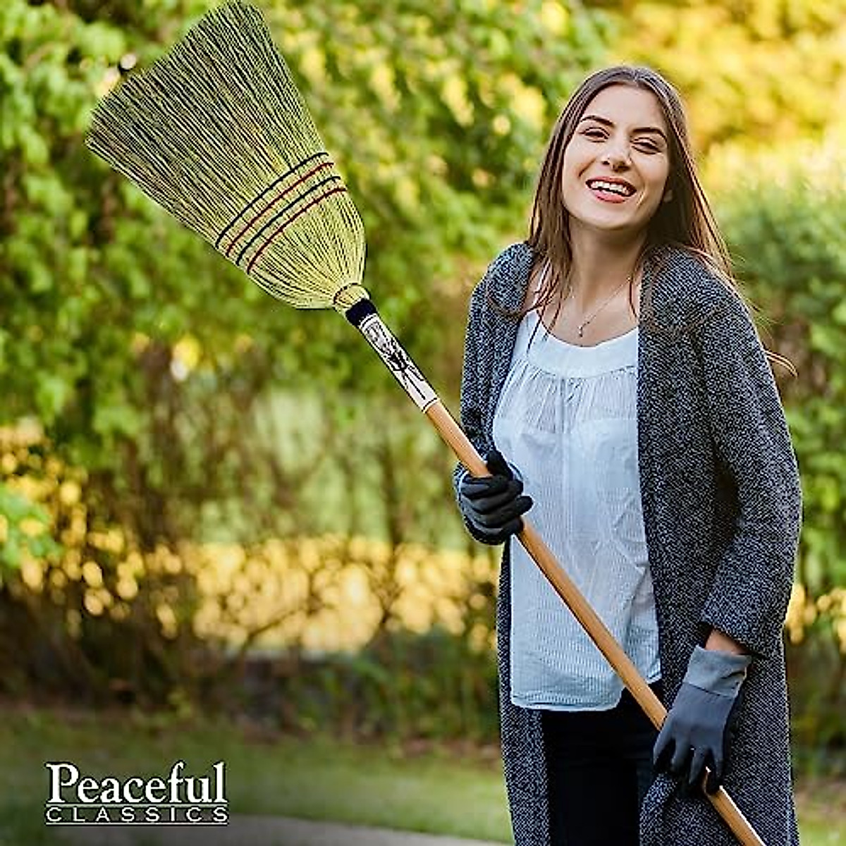 Peaceful Classics Wooden Broom - Handmade Amish Corn Broom with Hard Wood Handle, Heavy Duty Indoor Broom/Outdoor Broom for Any Floor with Straw Broom Sweeper Brushes, Wood Broom for Sweeping, Yellow