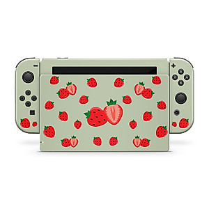 Tacky Design Cute Strawberry Skin Compatible with Nintendo Switch Skin Wrap Cover, Green Skin for Nintendo Switch Stickers, Premium Vinyl 3M Full Wrap Decal.