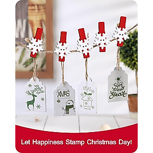 Mini Clothespins Christmas Clothes Pins for Photo Red Clothespins White Snowflake Wooden Clips Small Close Pins for Picture Polaroid Craft Display Hanging Wall Card Holder, 50 PCS with 33 FT String