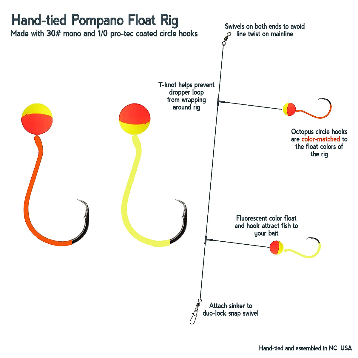 Pompano Rigs Pro-Tec Coated Circle Hooks Surf Fishing Rigs Hand-Tied (5-Pack, Sand Flea)