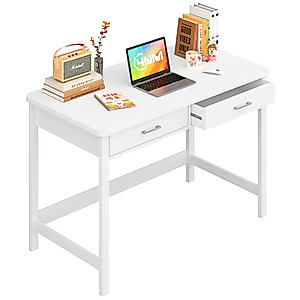4NM 39.4" Small Desk with Wood Drawers, Home Office Computer Desk with Wooden Legs, Study Writing Table Vanity Desk for Small Spaces - White