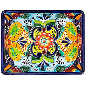 Enchanted Talavera Pottery Hand Painted Ceramic Rectangle Serving Platter Dish Appetizer Plate Tray Food Mexican Floral Pattern Party Fiesta Thanksgiving Jewelry Holder (Medium 9.5 x 7.5 x 1.75)
