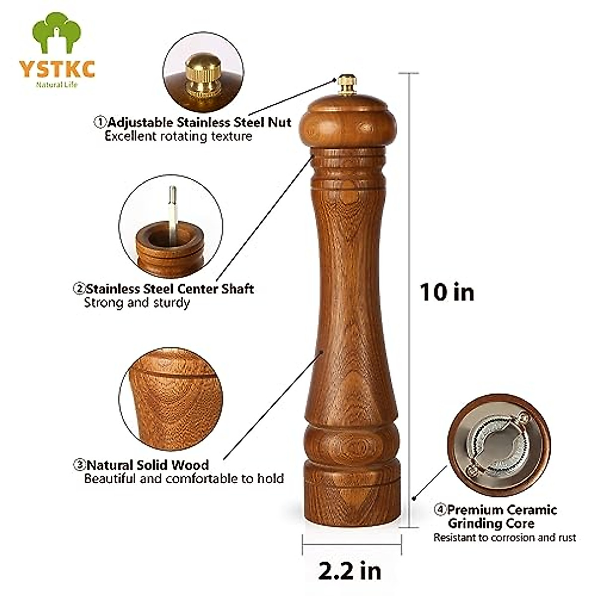 YSTKC Wood Pepper Grinder, 10 Inch Natural Solid Wooden Pepper Mill with Ceramic Rotor, Adjustable Coarseness, Premium Refillable Salt and Pepper Grinder