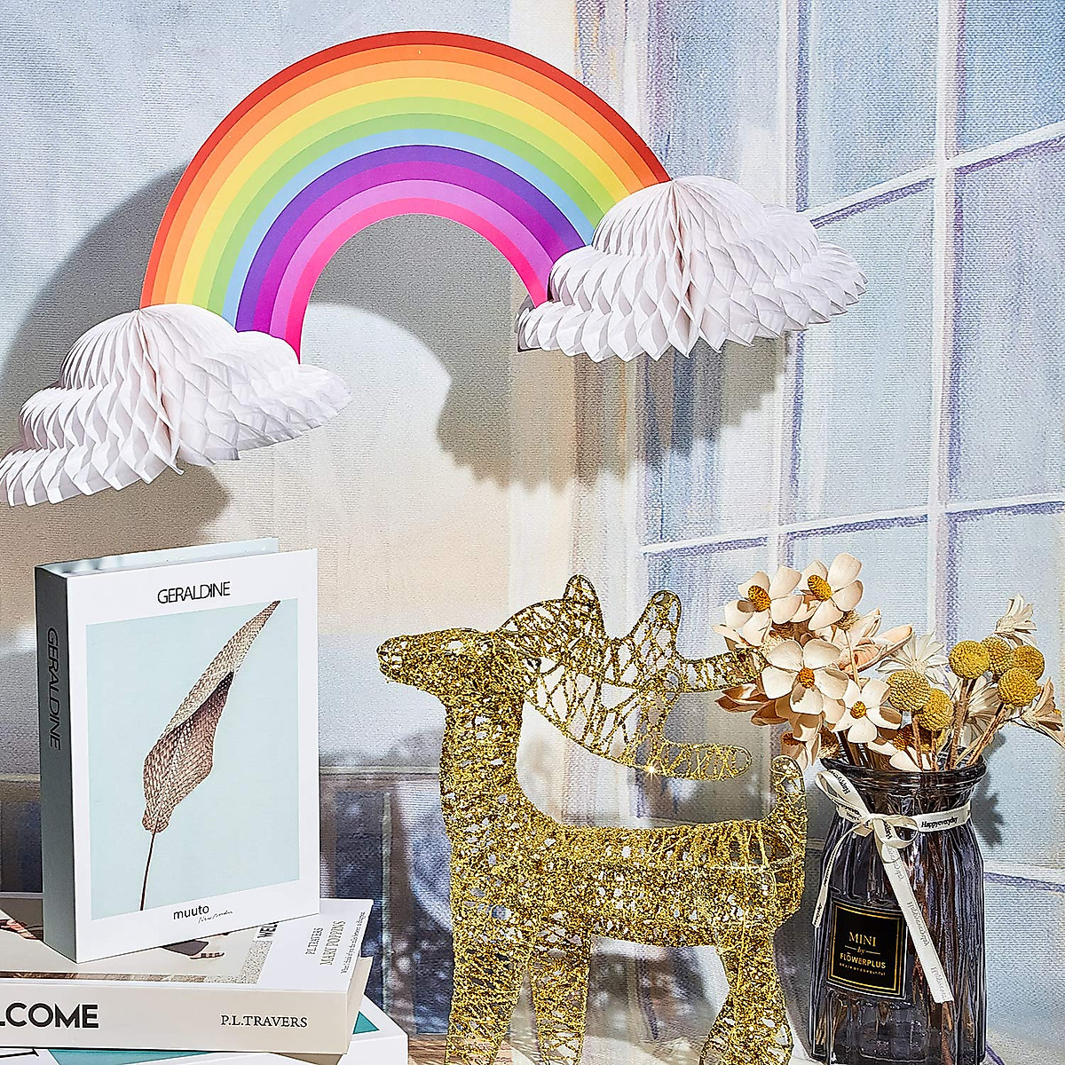 WILLBOND Rainbow Honeycomb Paper Centerpiece Rainbow Cloud Centerpieces No Crease Converting Rainbow Centerpieces for Christmas Birthday Party Tables Decoration(4 Pieces)