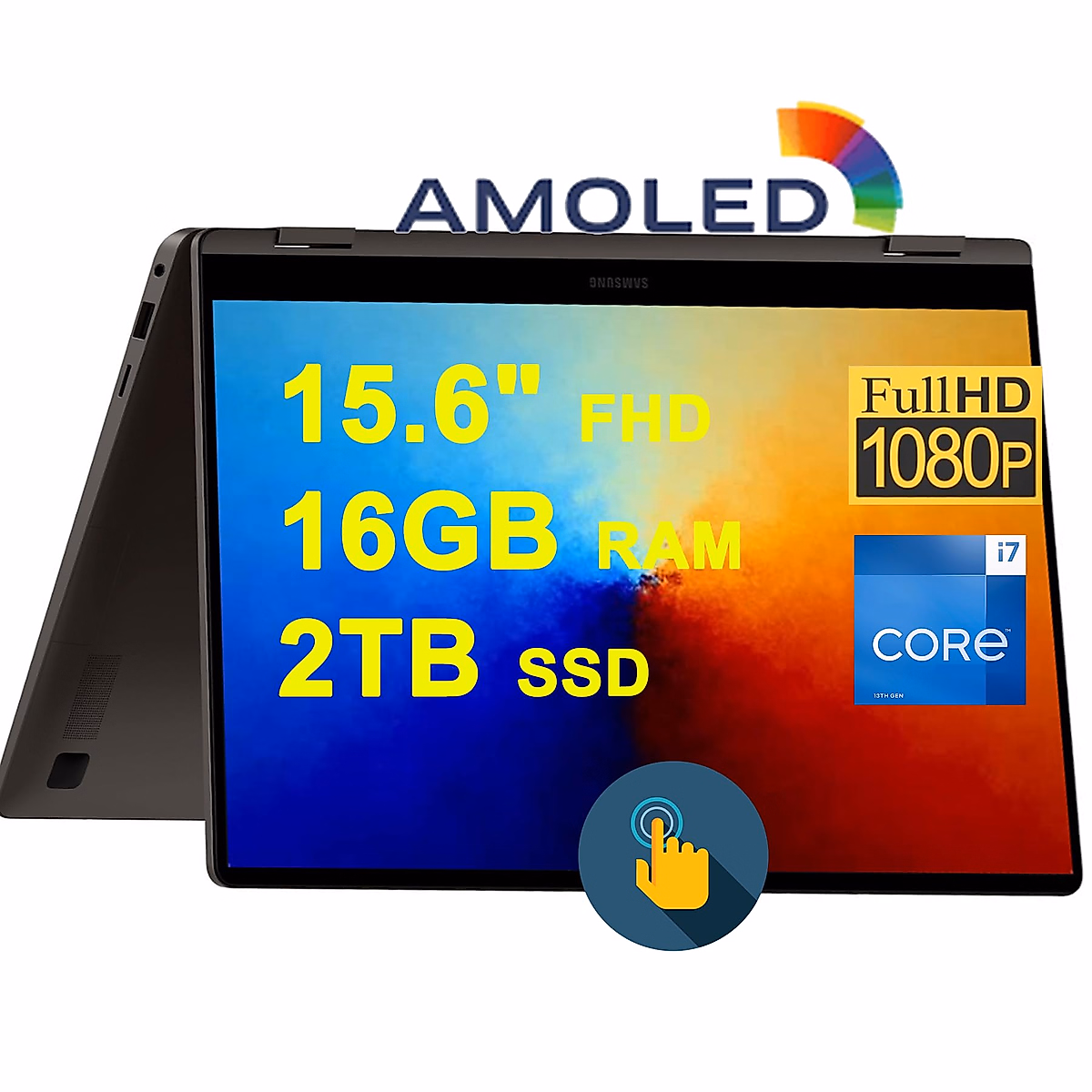 Samsung Galaxy Book3 360 2-in-1 Laptop 15.6"" FHD AMOLED Touchscreen 13th Gen Intel 12-Core i7-1360P 16GB RAM 2TB SSD Backlit Fingerprint Thunderbolt Fast Charging Long Battery Life Win11 Gray, Black