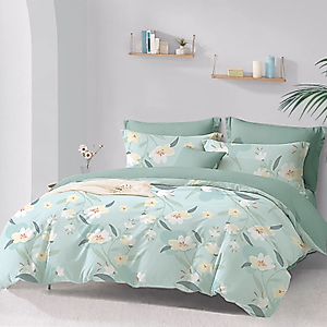 SAPHREAS Green Bedding Comforter Cover Set with Fitted Sheet 4pcs King Size 100% Cotton Classic White Flower Comforter Cover Set 1 Duvet Cover 2 Pillow Shams 1 Fitted Sheet