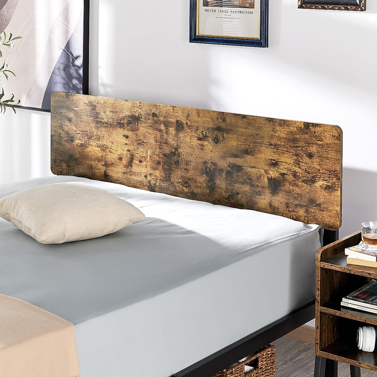 Yaheetech Metal Platform Bed Frame Twin with Wood Headboard and Iron Slats, Rustic Country Bed Base with Mattress Foundation/Strong Slats Support/12 Inch Underbed Storage/No Box Spring Needed, Brown