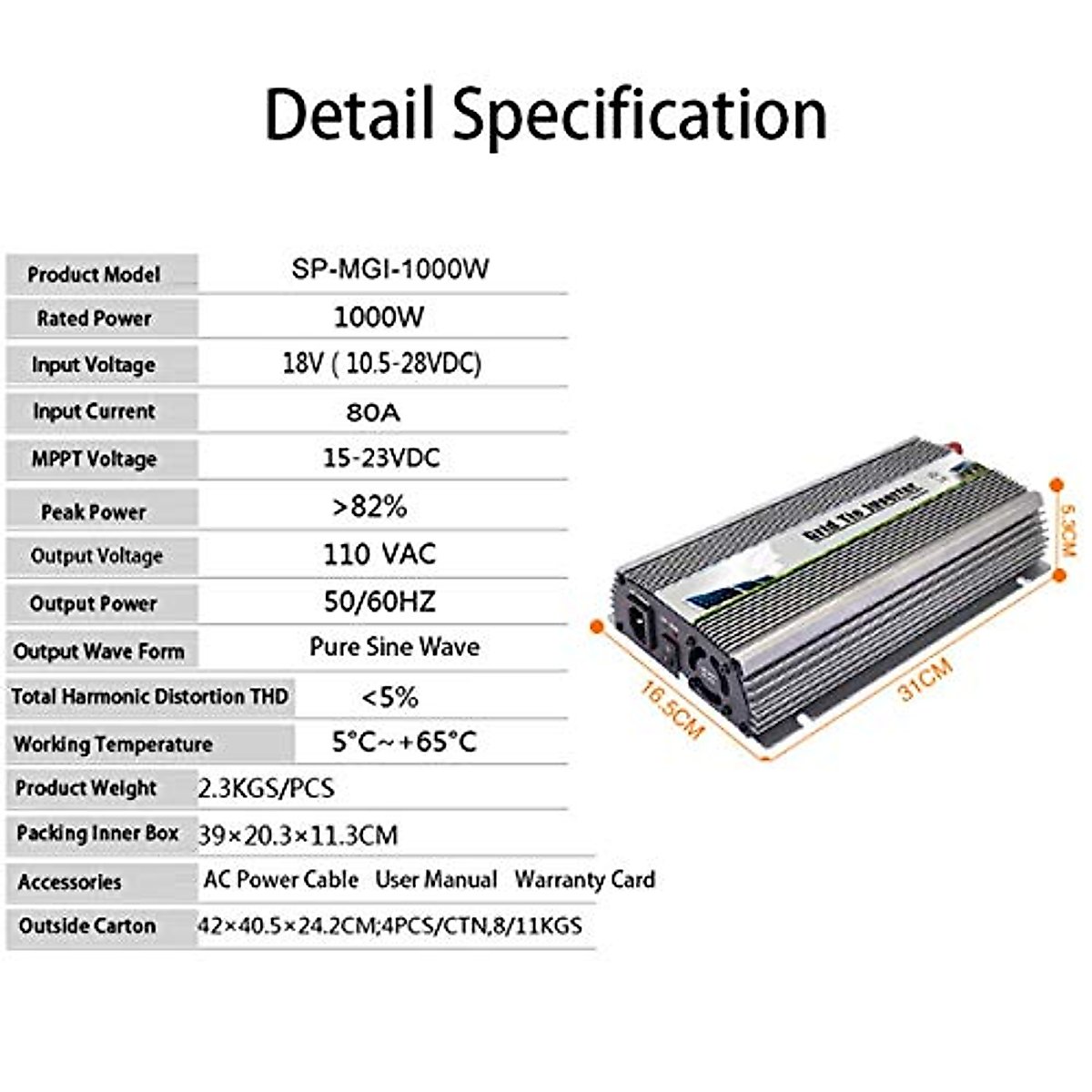 KRXNY 1000W Grid Tie Inverter Pure Sine Wave Stackable MPPT Solar Power 10.8-30V DC Input 110V AC Output for 18V Solar Panel