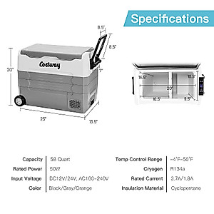 COSTWAY Car Refrigerator with Wheels, 58-Quart Dual-Zone Electric Cooler with 12V/24V DC, 100-240V AC, -4°F to 50°F, Portable 12 Volt Refrigerator RV Fridge Freezer for Home Camping Vehicles, Grey