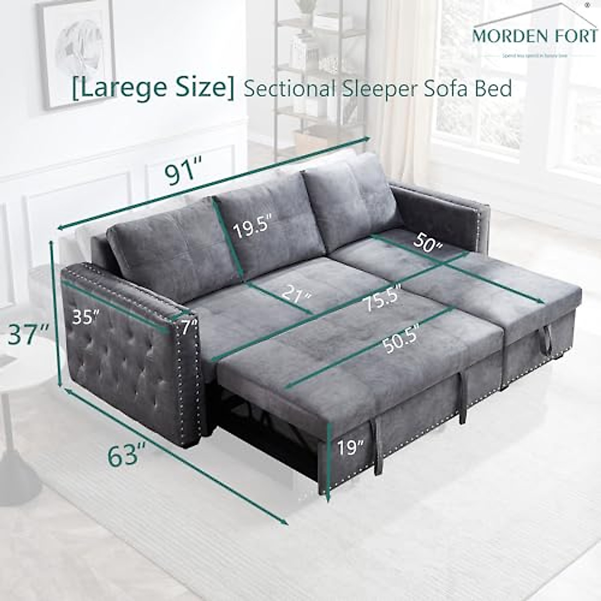 Morden Fort Sleeper Sectional Sofa [Large Size] Reversible Storage L-Shape Chaise 3 Seat Sectional Couch with Put Out Bed Velvet Gray