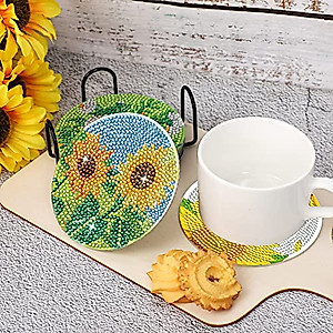 Sunflower Diamond Painting Coasters DIY Diamond Art Coaster 5D Full Drill Diamond Coaster Acrylic Round Cup Coaster with Holder Cork Pad for Summer Fall Thanksgiving Party Home Decor DIY Crafts, 8 PCS
