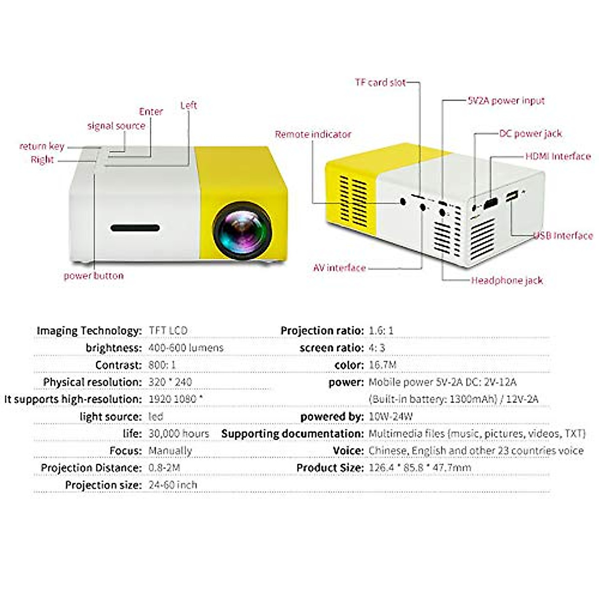 Mini Led LCD Projector, 600 Lumen, 3.5Mm Audio, 320X240 Pixels, Hdmi USB Mini Projector, 20-60 Inch Projection, Home Media Player, 1080P Hd Projection,Black