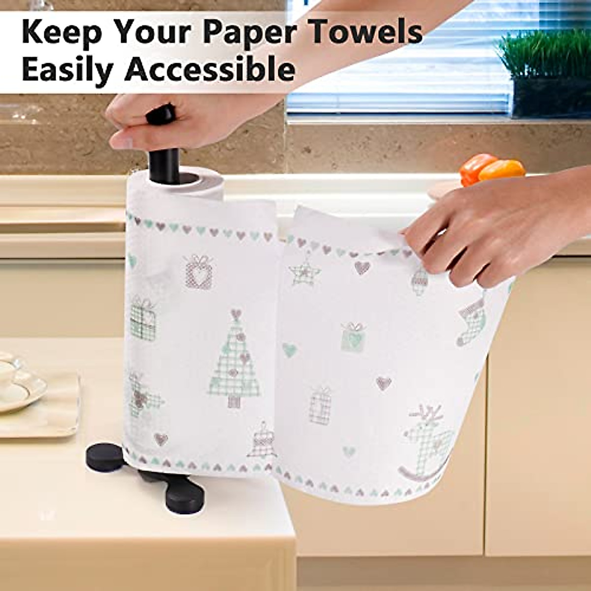 Paper Towel Holders Countertop with Suction Cups and Anti-Slip Mat, Paper Towel Stand for Kitchen Cling Film/Cabinet/Dining Table/Living Room Roll Paper Easy One-Handed Tear