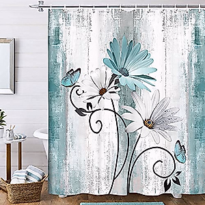 VeiVian Rustic Farmhouse Shower Curtain, Farm Teal Daisy Floral Flowers and Butterfly on Country Wooden Shower Curtain for Bathroom, Turquoise Blue Bathroom Shower Curtains with 12PCS Hooks, 70X70IN