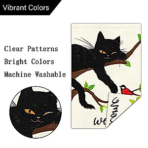 Welcome Spring Garden Flag 12x18 Double Sided, Burlap Small Black Cat Garden Yard Flags for Seasonal Outside Outdoor House Decoration (Only Flag)