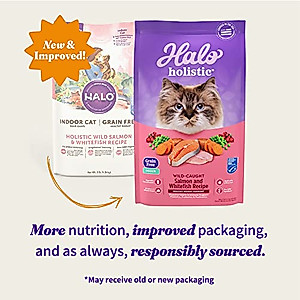 Halo Holistic Indoor Cat Food Dry, Grain Free Wild-caught Salmon & Whitefish Recipe for healthy weight support, Complete Digestive Health, Dry Cat Food Bag, Adult Formula, 6-lb Bag