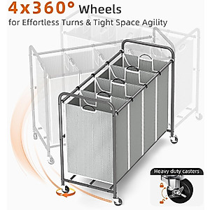 ROMOON 4 Bag Laundry Sorter Cart, Laundry Hamper Sorter with Heavy Duty Rolling Wheels for Clothes Storage, Grey