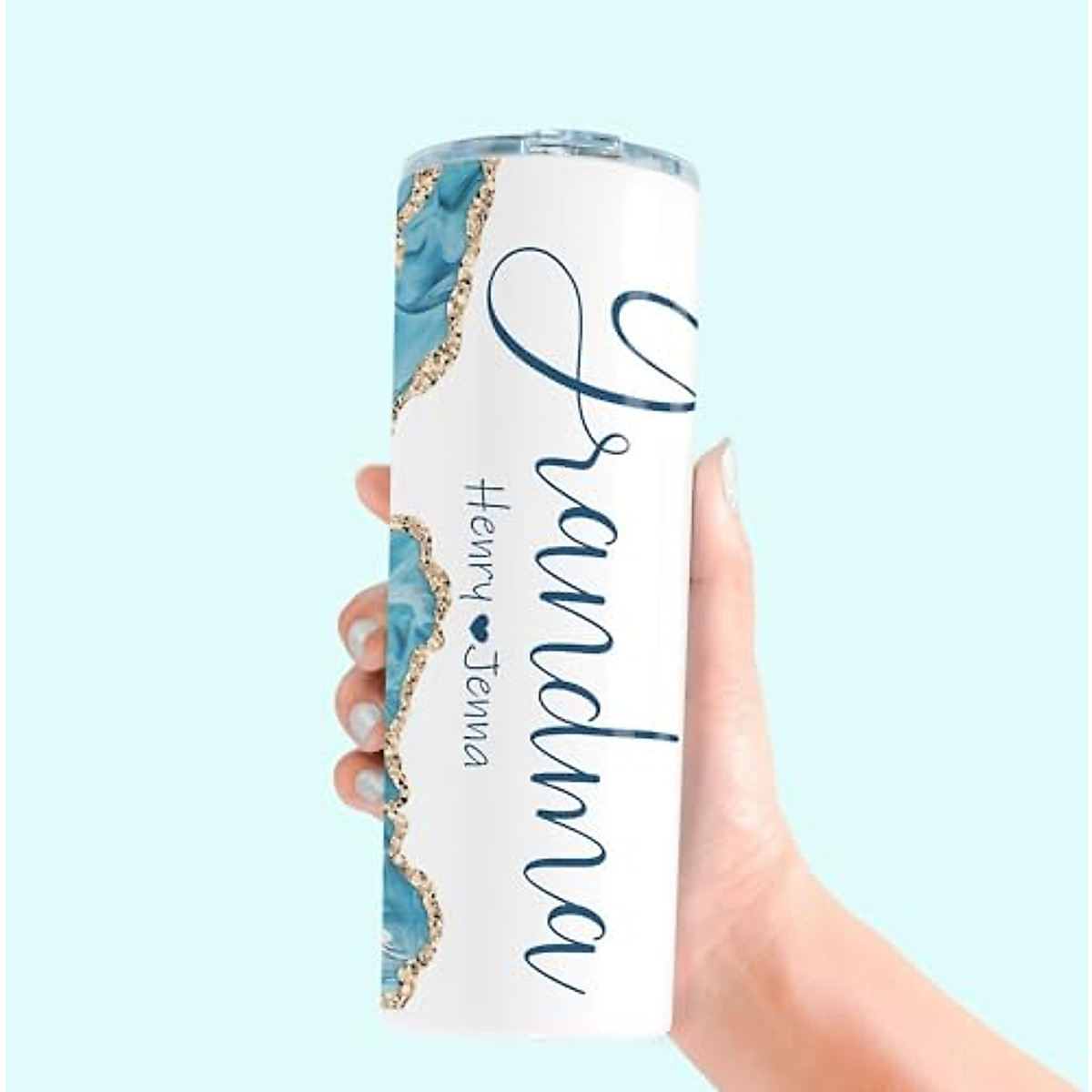 Personalized Marble Tumbler, Stainless Steel Double Wall Insulated Cup With Lid And Straw Double-Wall Vacuum Bottle Cup for Hot Cold Drinks, Grandparent Gift (20 oz)