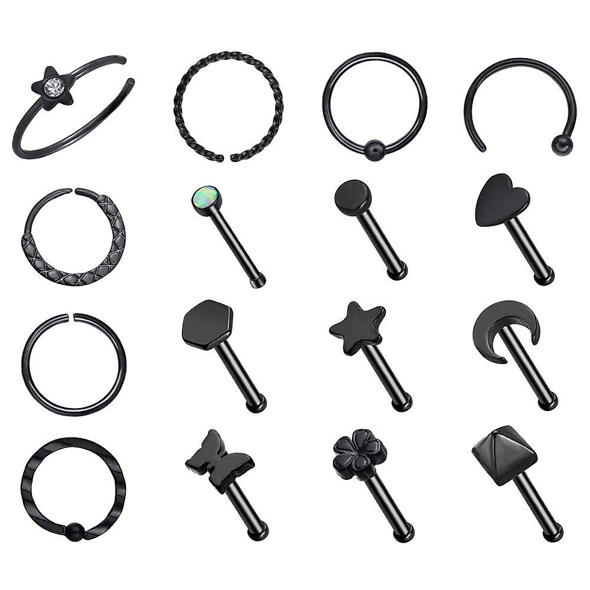 WASOLIE 16 PCS Nose Rings for Women 316L Stainless Steel Nose Piercings Jewelry Black Screw Men Nose Studs Rings.