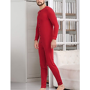 COLORFULLEAF Men's Cotton Thermal Underwear Union Suits Henley Onesies Base Layer (Red, XL)