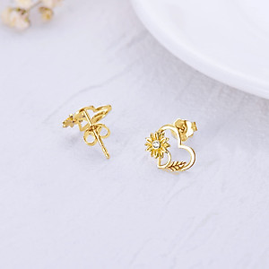SISGEM 14k Yellow Gold Sunflower Heart Stud Earrings for Women