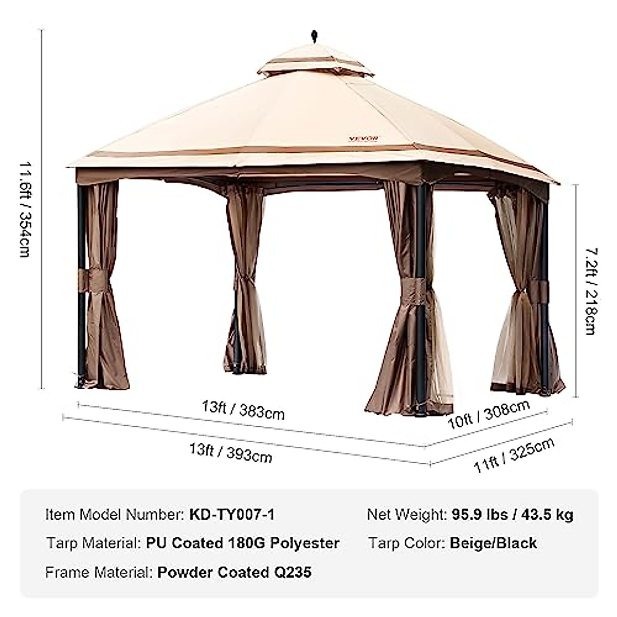 VEVOR Patio Gazebo for 10-12 Person, 10 x 13 FT Backyard Gazebo, with Mosquito Netting, Metal Frame, and PU Coated 180G Polyester, Outdoor Canopy Shelter for Patio, Backyard, Lawn, Garden, Deck