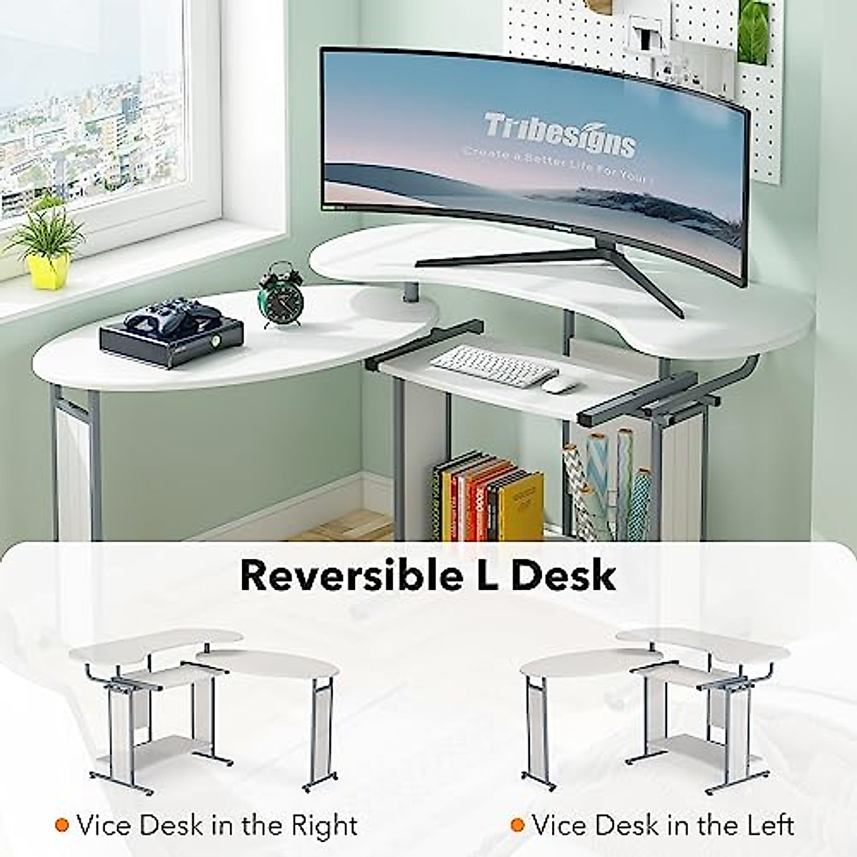 LITTLE TREE L-Shaped Computer Desk, Rotating Corner Desk & Modern Office Study Workstation, for Home Office or Living Room (White)