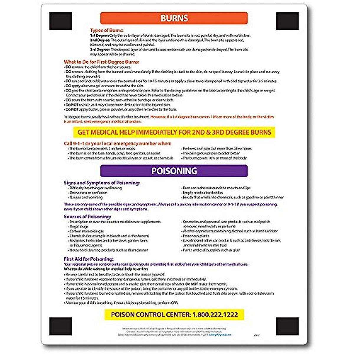 Infant, Child CPR Magnet - CPR, Choking, Poison, Burns, Dental Emergency First Aid Sign - Quick Reference Card, 8.5 x 11 in.