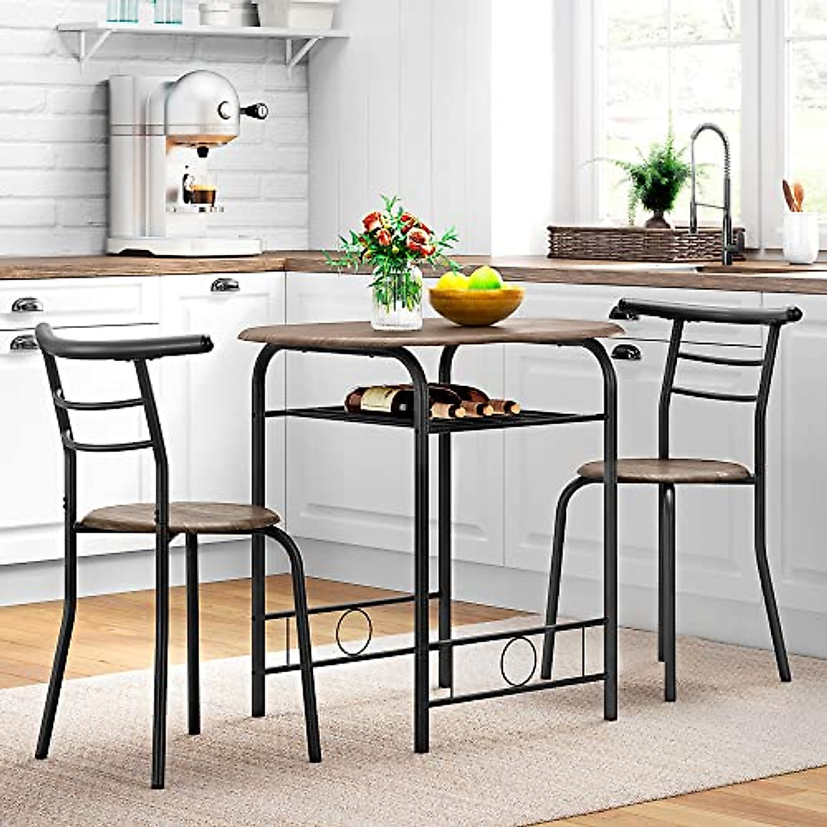 Yaheetech 3 Piece Dining Table Set, Kitchen Table & Chair Sets for 2, Compact Bistro Table Set with Steel Legs, Built-in Wine Rack for Small Space, Apartment, Breakfast Nook, Drift Brown
