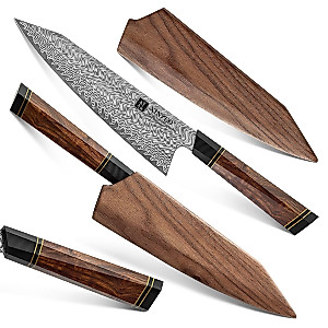 XINZUO 8.5 inch Chef Knife Damascus Steel Hand Forged Kiritsuke Kitchen Knife, Professional Gyuto Knife-Desert Ironwood Handle with Black Walnut Wooden Sheath and Acacia Wooden Box